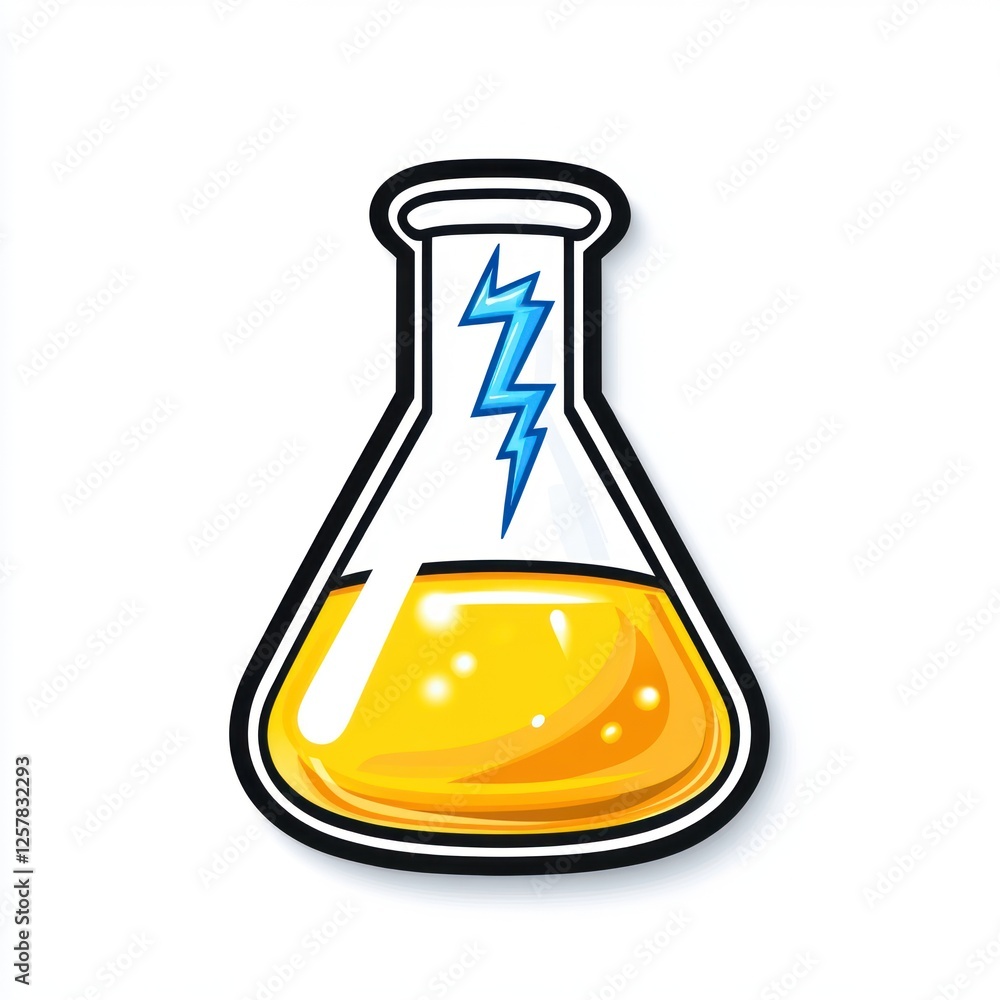 Cartoon beaker with lightning bolt, science experiment illustration ...