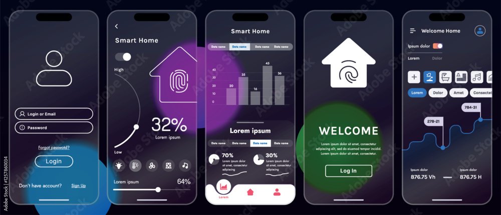 Sleek vector illustration of a smart home app interface displayed on a ...