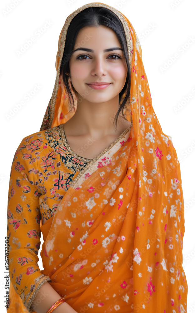 Elegant Indian Punjabi Village Woman in a Vibrant Orange Floral Dupatta ...