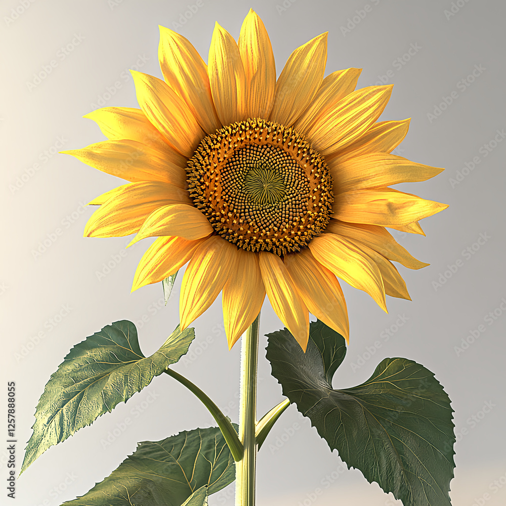3D ultra-realistic sunflower, white background, green leaves, hyper ...