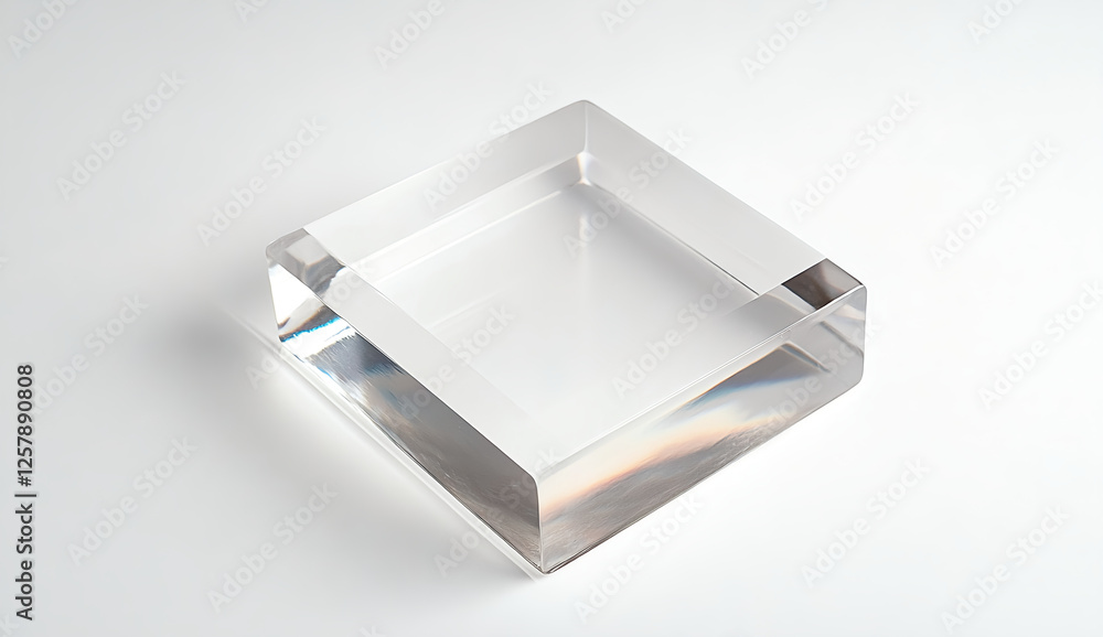 A clear acrylic square with rounded corners, on a blank white ...