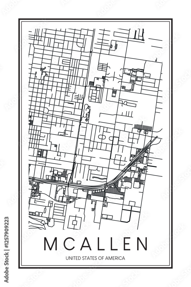 Printable downtown road map poster of the USA city of MCALLEN on solid ...