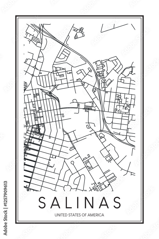 Printable downtown road map poster of the USA city of SALINAS on solid ...