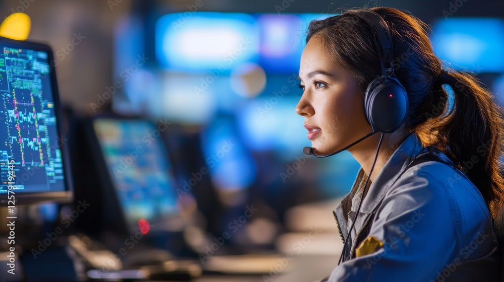 A flight dispatcher uses a headset to coordinate schedules, ensuring ...