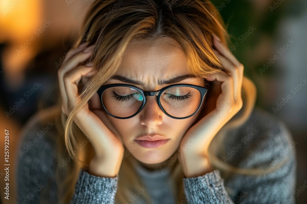 woman taking off glasses tired of computer work suffering from eye ...