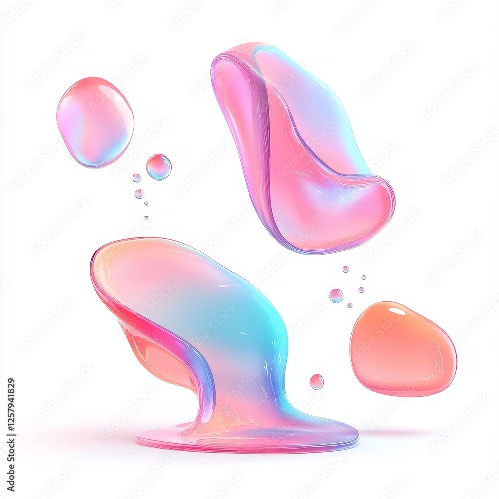 Glass liquid bubble precious metal drops. Chrome Y2K melted, mercury ...