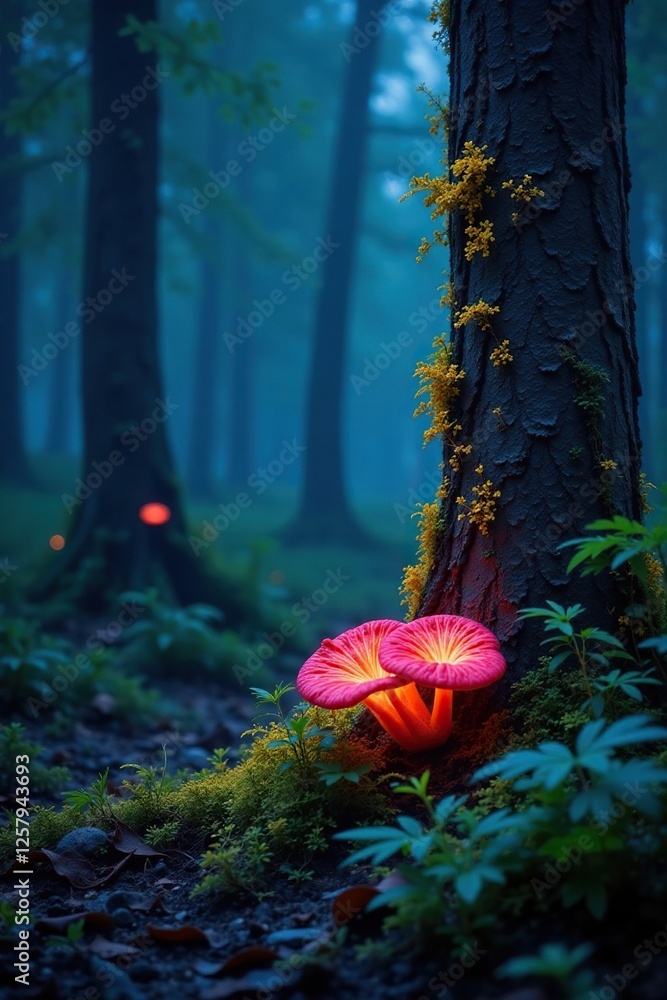 Glowing fungi and lichen-covered tree trunks in a dense forest, glowing ...