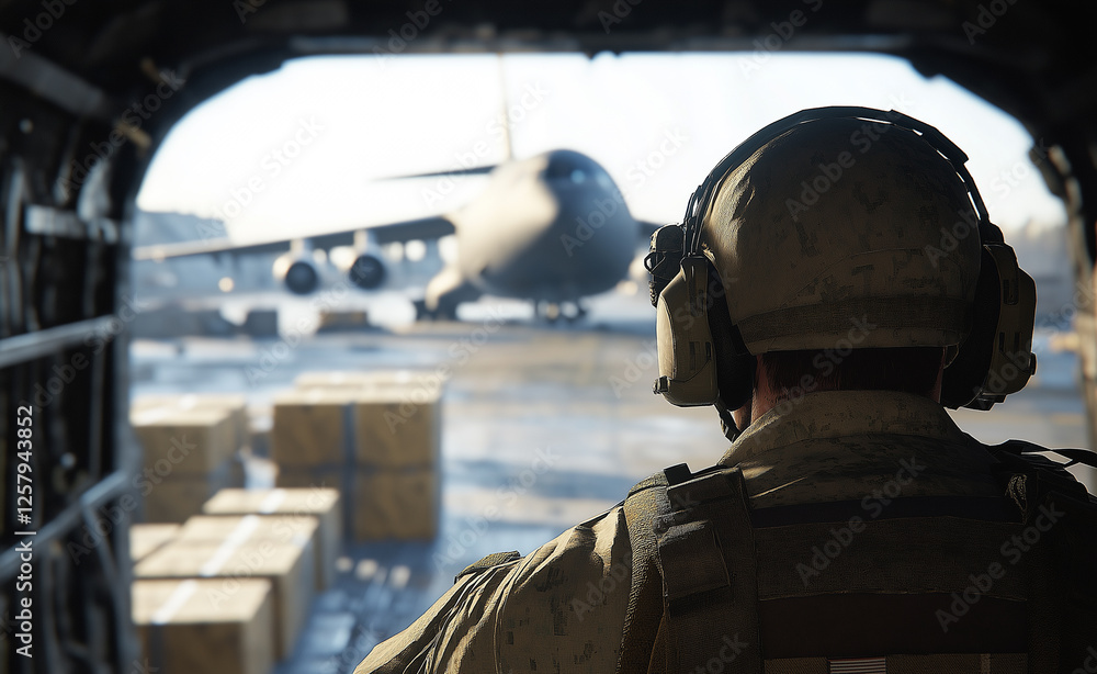 A soldier inside a military transport aircraft looking out at a large ...