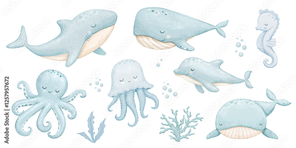 Cute baby whale, dolphin and shark, sea animals set, watercolor hand ...