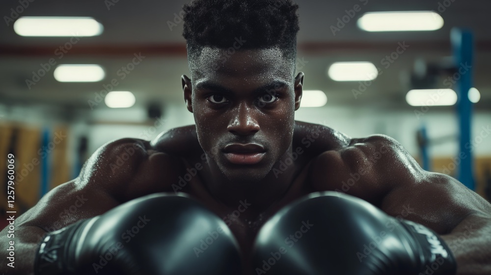 Boxer training in a gym with motivational business quotes on the walls ...