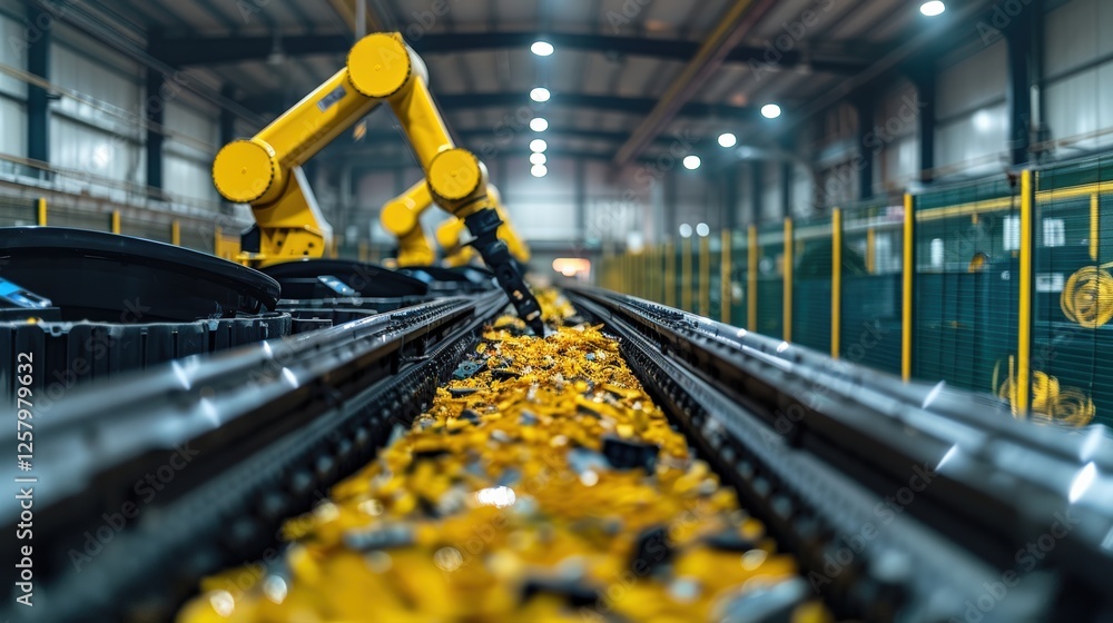 Advanced robotic arms sorting and processing electronic waste in automated recycling facility ...