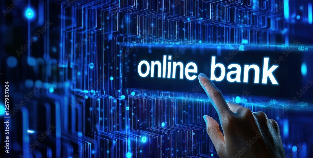 Hand touching an online bank interface with glowing circuits ...