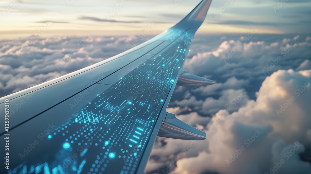 An aircraft wing with embedded IoT sensors is showcased in a closeup ...