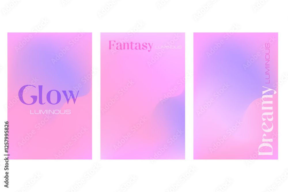 Abstract iridescent lavender color, fantasy wave poster set with smooth ...
