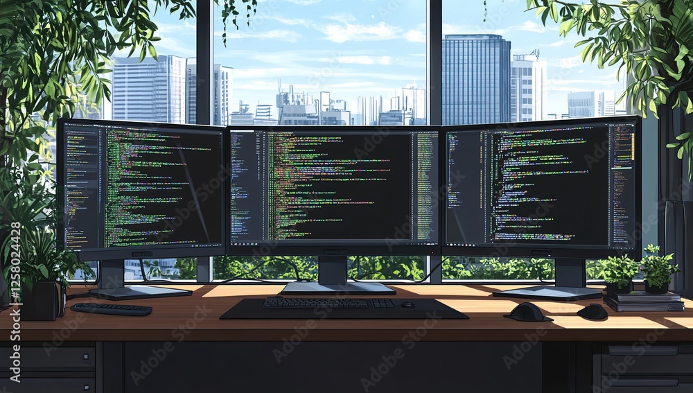 Programmer's Dream: Coding on Triple Monitors with City View & Plants Stock Illustration | Adobe ...