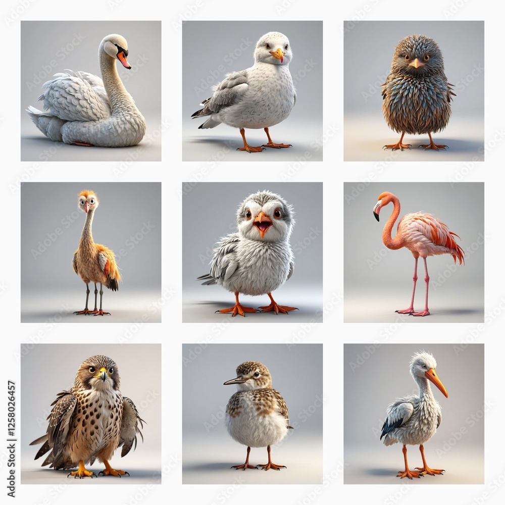 Cute 3d bird models are showcased in a grid. Each bird displays unique ...