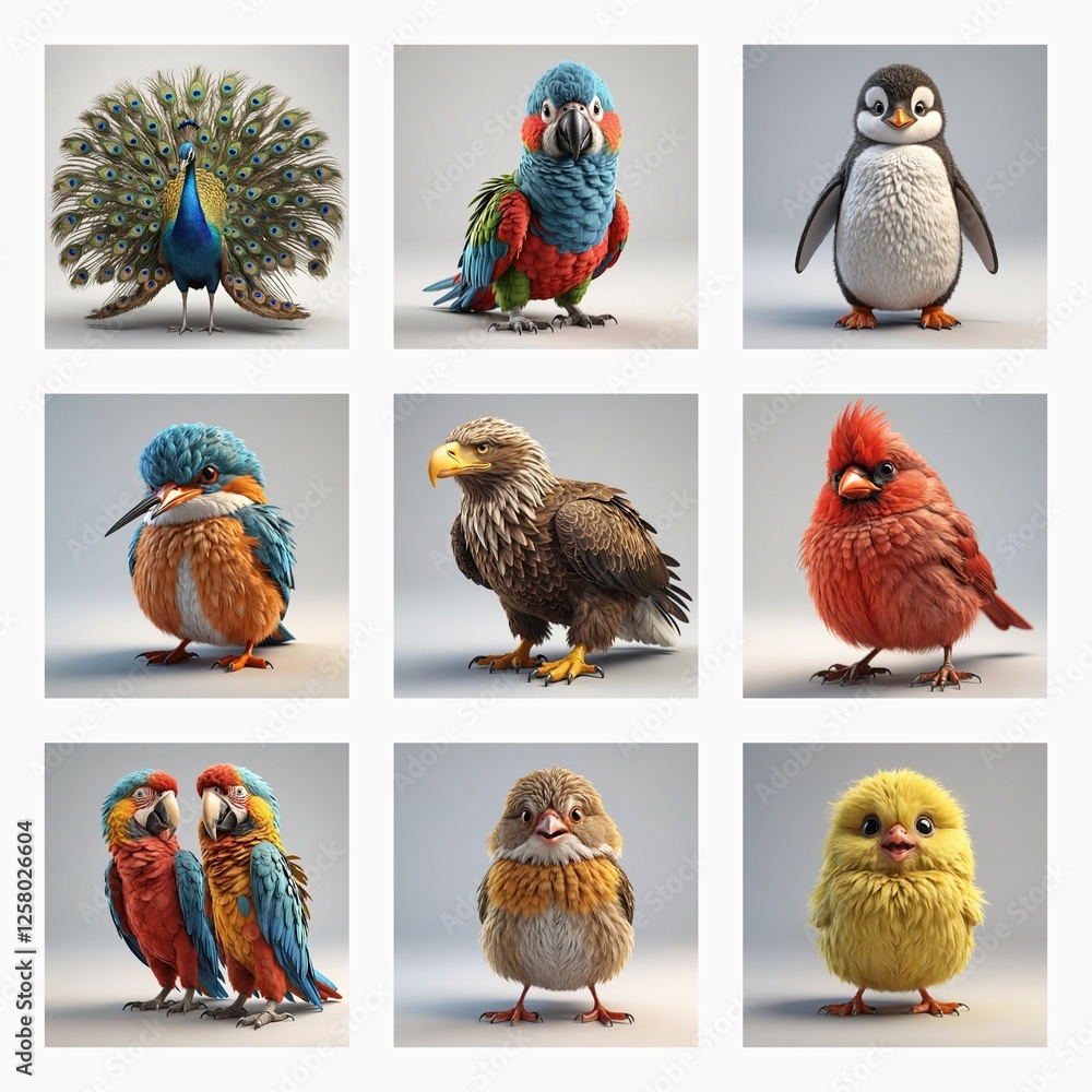 Nine adorable 3D bird models showcase diverse avian species in a ...