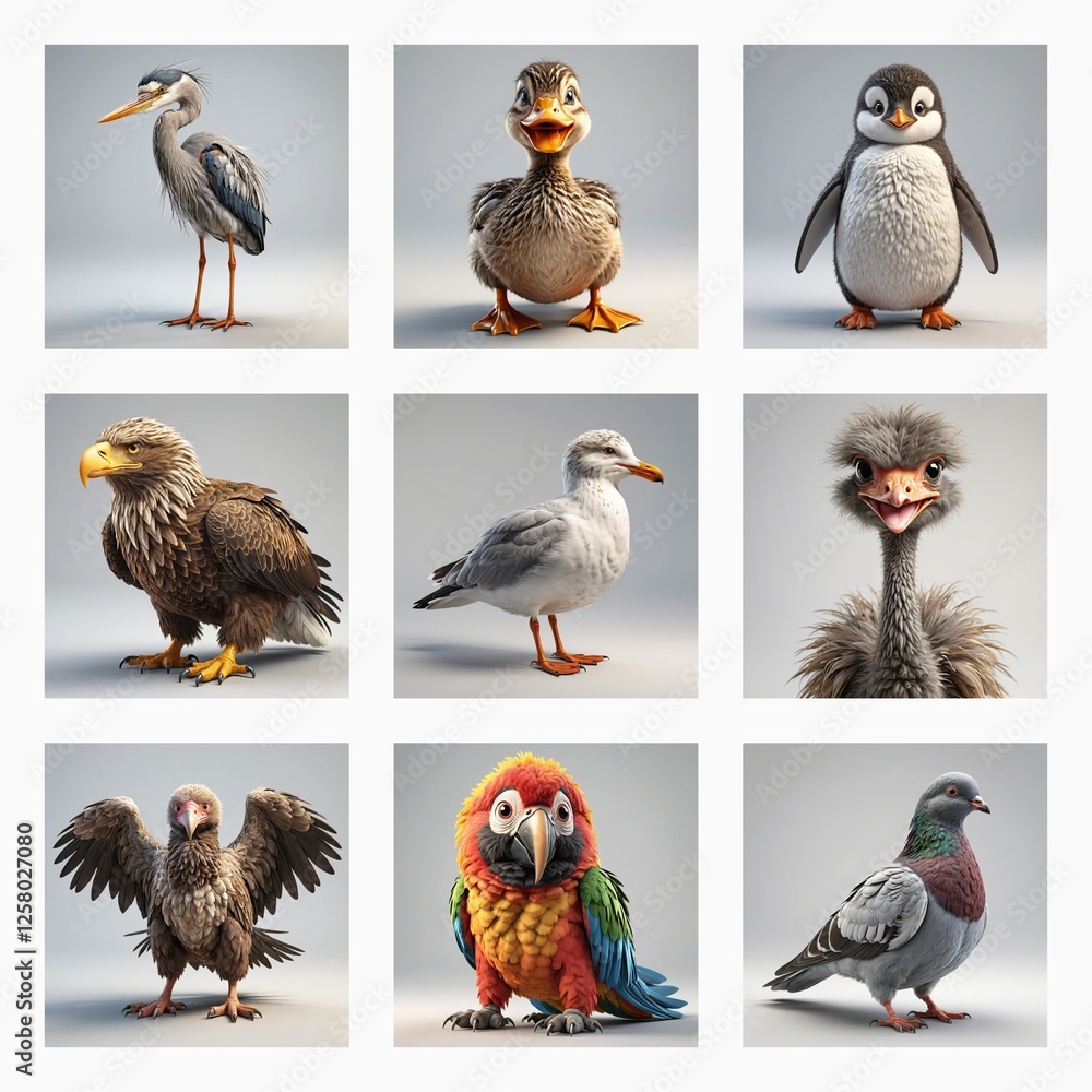 Cute 3D bird models showcase diverse avian species. Soft, appealing ...