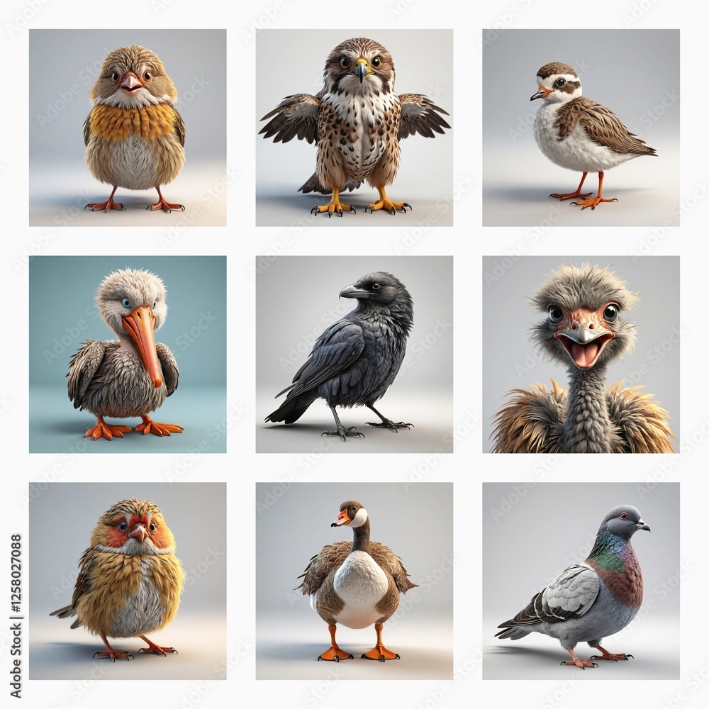 Cute 3D bird models in a grid showcase diverse avian species. Fluffy ...