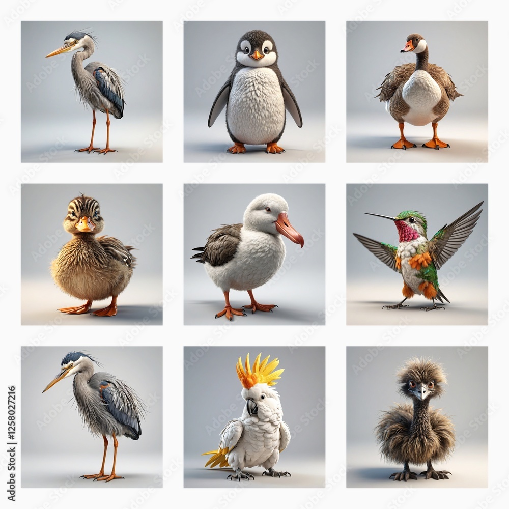 Charming collection of cute 3d bird models are displayed in a grid ...