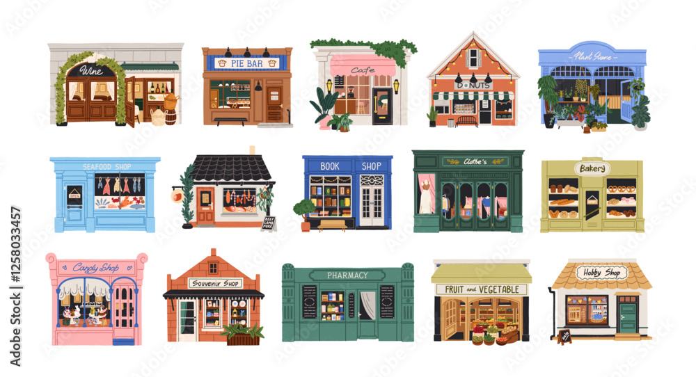 Small local shops, storefronts set. Mini stores, buildings. Bakery ...