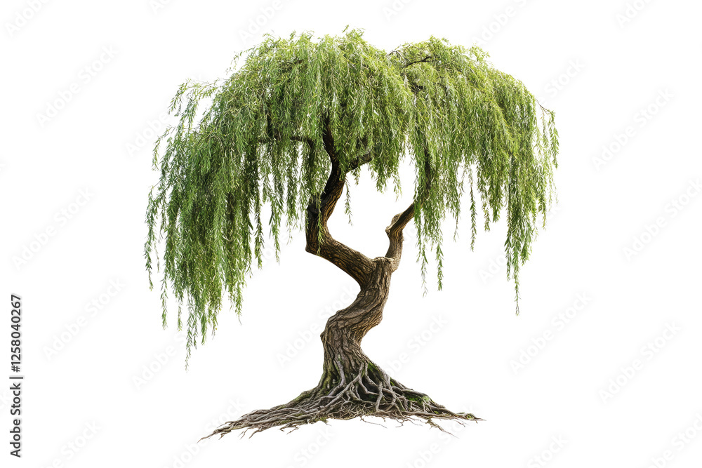 Strong and elegant willow tree with flowing branches and deep roots ...