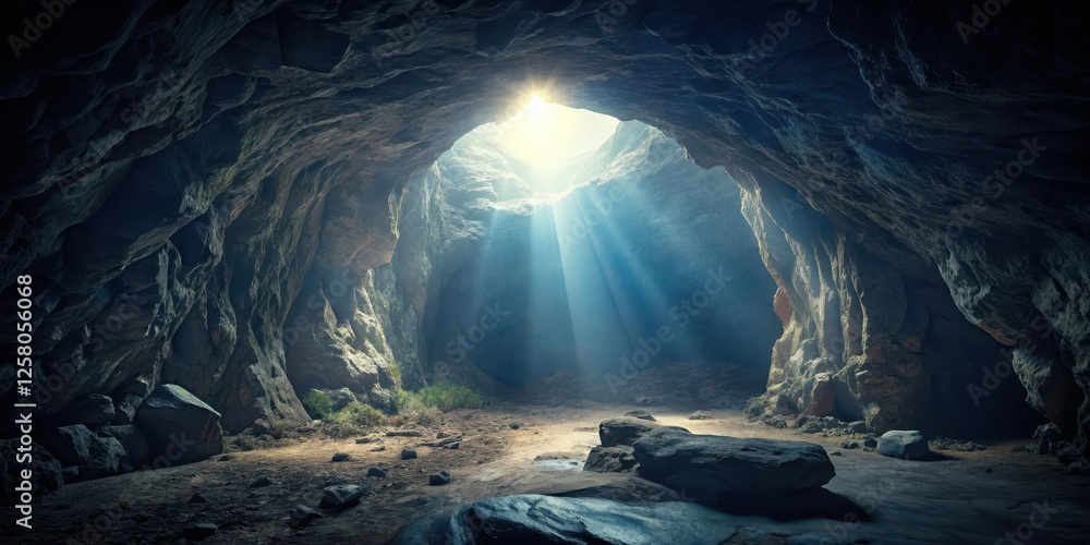 Dark cave interior with shaft of light entering through ceiling opening ...