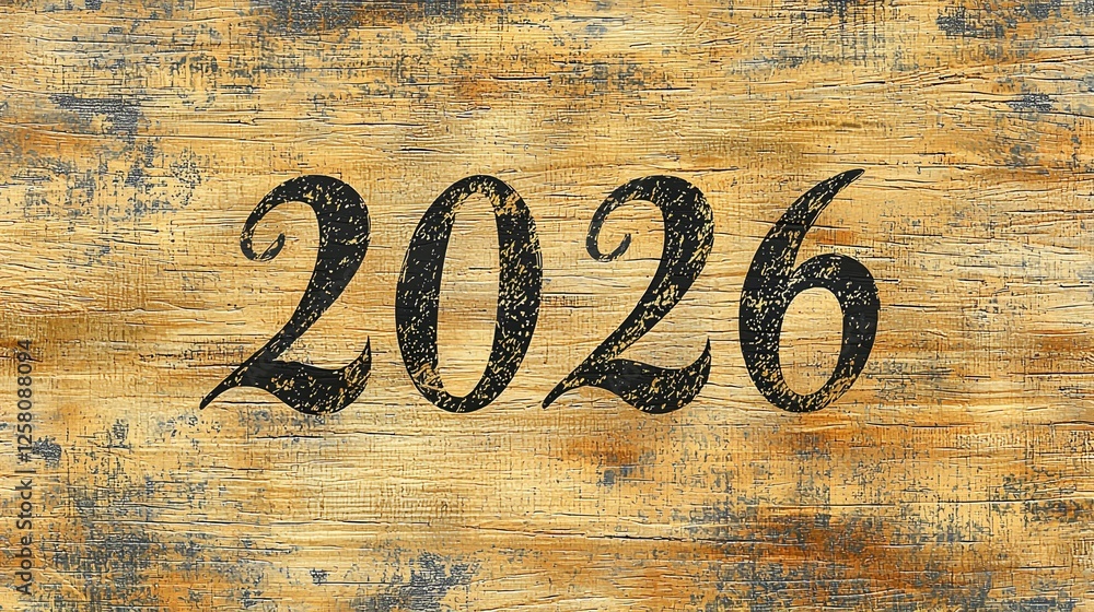 ภาพประกอบ Stock Cursive Text "2026" on Textured Paper with Rustic ...