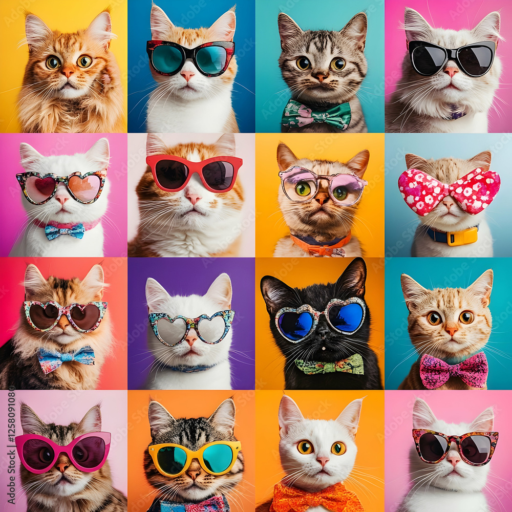Funny Cat Meme Collage with Accessories, colorful vibrant image grid ...