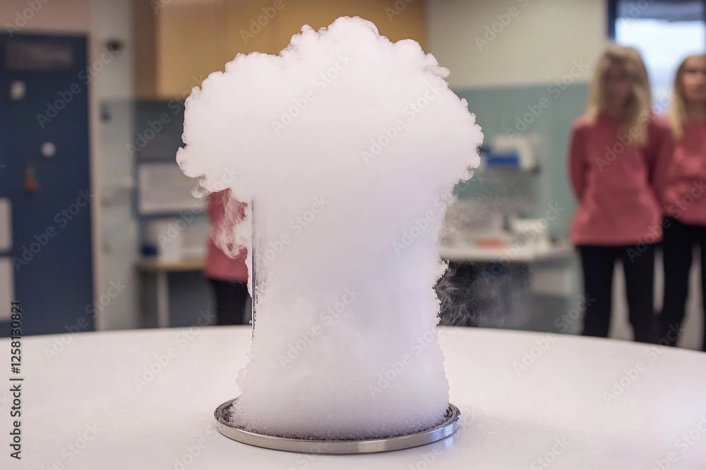 Liquid in heated flask creates dramatic vapor cloud in laboratory ...