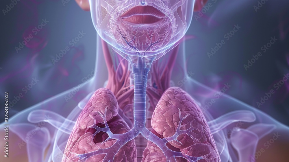 Anatomical illustration of the human respiratory system, showing the ...