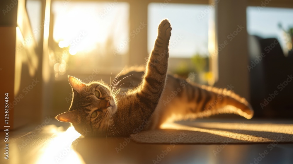 Pet's morning routine. Featuring a cat stretching in the morning light ...