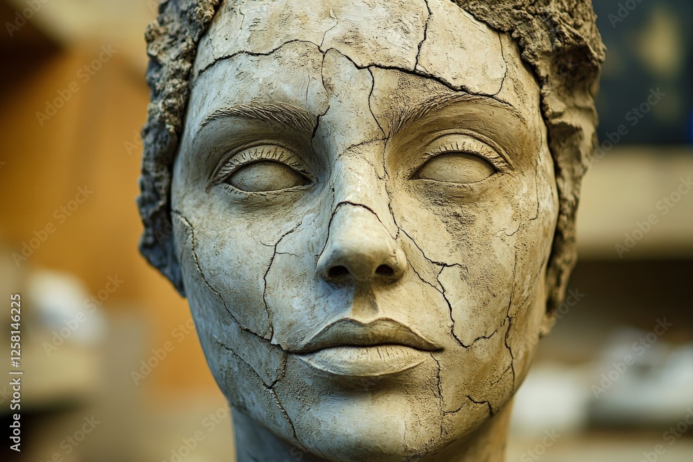 Sculptural art depicting a female face with cracked texture in a studio ...