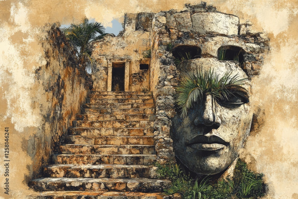 Ancient steps lead to a massive stone face with greenery in a historic ...