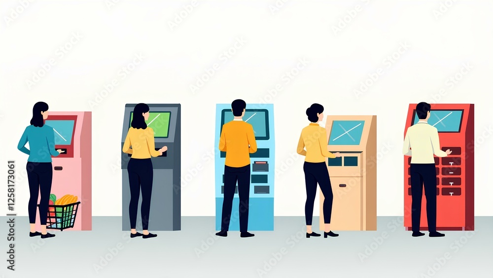 Illustration, people at ATM machines, colorful minimalist, People Using Different Types of Self ...