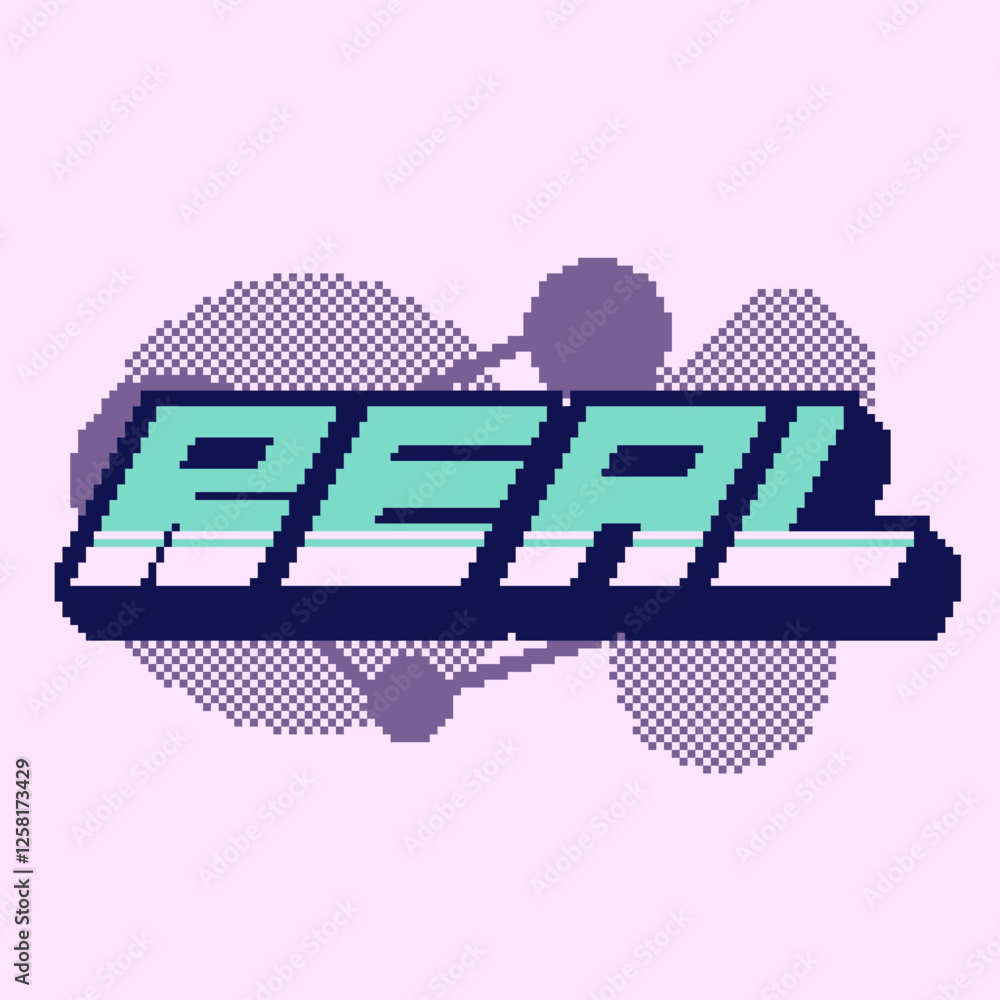 Y2K Style Cyan and Purple Bold Techno 'Real' Typography Sign, Pixel Art ...