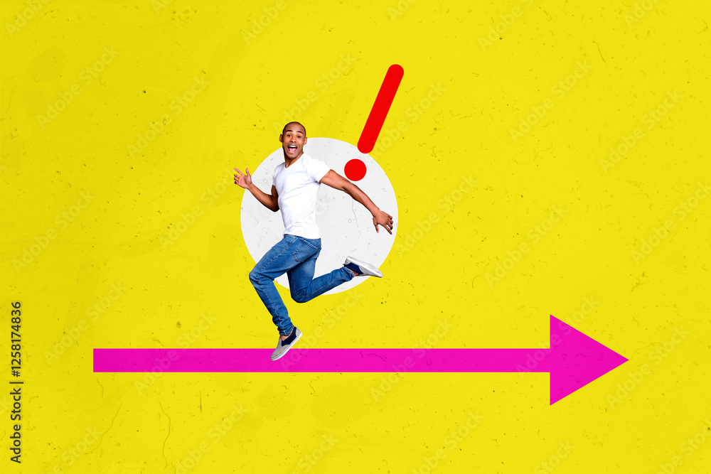 Composite photo collage design trend sketch of young guy run arrow ...