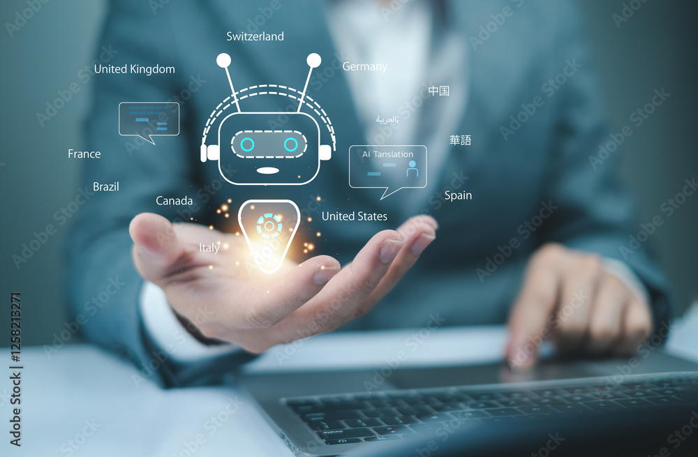 businessman interacts with a digital Translate language representation ...