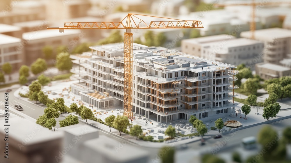 A new commercial real estate project under construction, cranes and ...