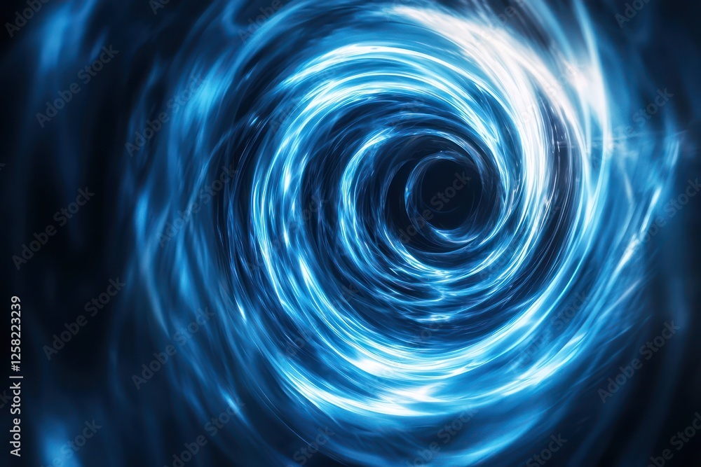 Swirling blue spectrum lights on a black background create a vortex ...