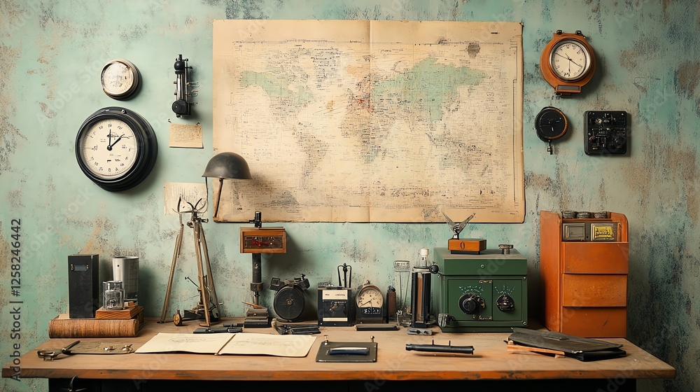 Vintage weather research station with antique barometers, aged weather ...