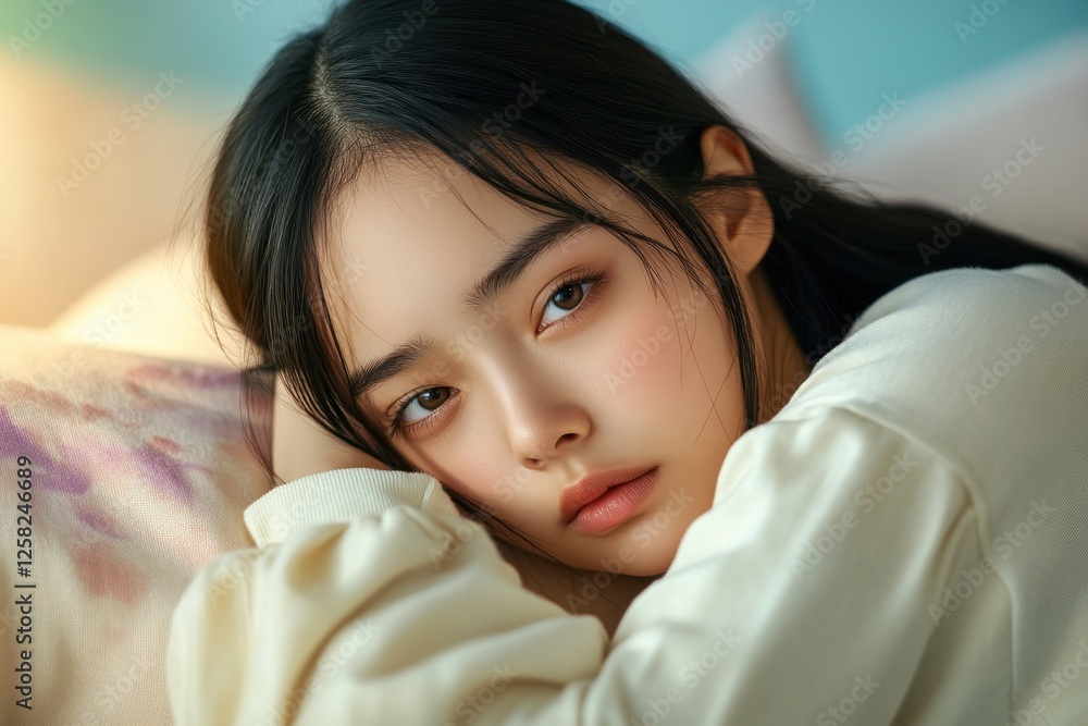 Visualize raw emotion with this powerful image of a Latin woman lying on a couch, her body ...