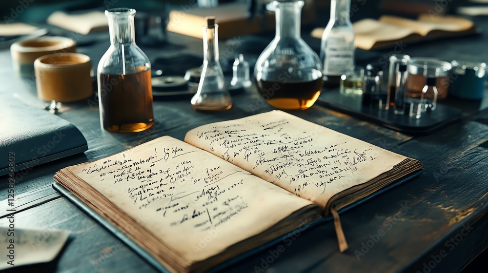 A 1920s chemistry professor s desk covered in aged leatherbound ...