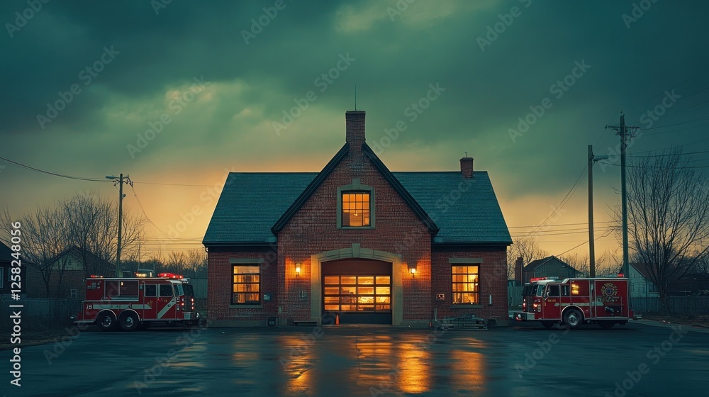Fire station, sunset, rain, emergency vehicles, awaiting call Stock ...