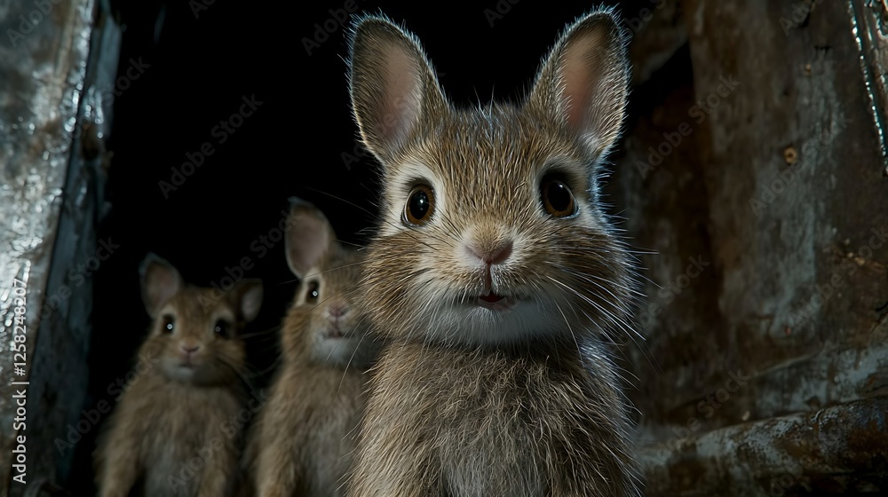 Three Animated Rabbits Peek Out from Burrow in Animated Film Still with ...