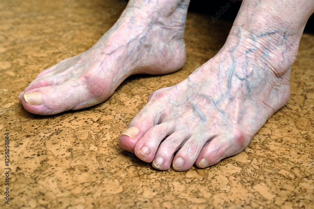 Painful varicose veins on the legs, lower limbs and feet of an elderly ...