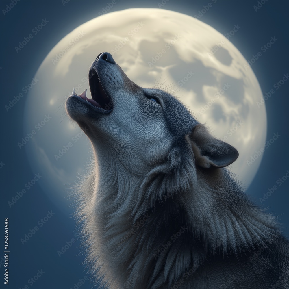 Majestic wolf howling under a full moon in a mystical night sky evoking feelings of freedom and ...