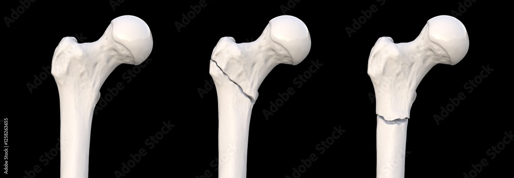 Femur fracture types: normal femur, intertrochanteric fracture, and subtrochanteric fracture, 3D ...