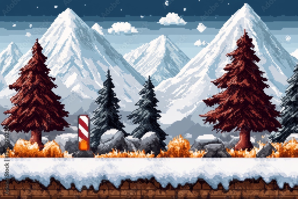 A 8-bit pixel art of a side-scrolling video game scene with a layered ...