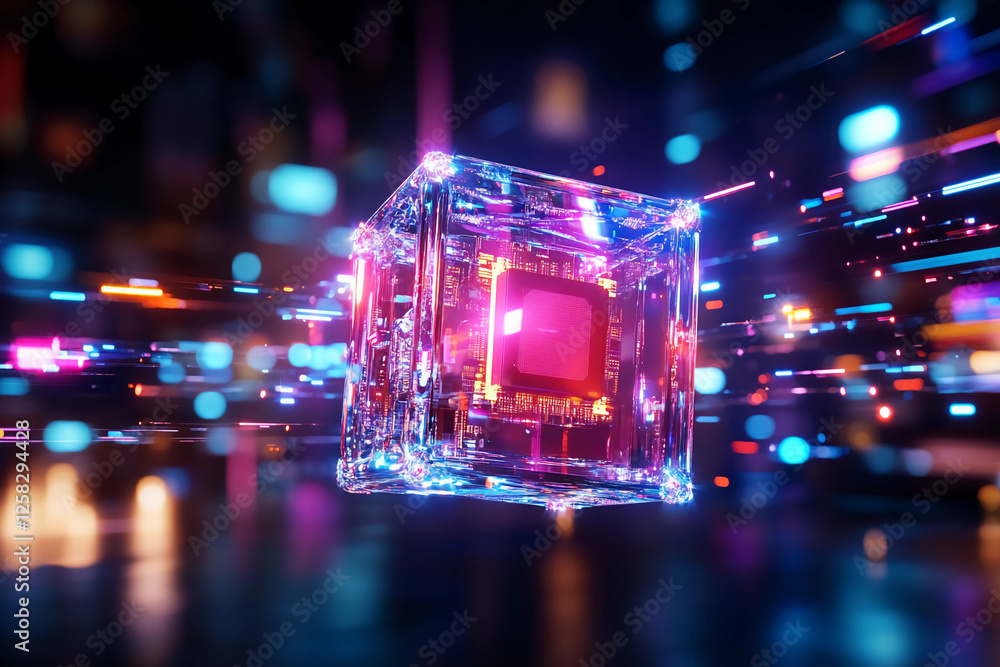 Quantum chip in a transparent cube suspended in mid-air with electromagnetic fields and abstract ...